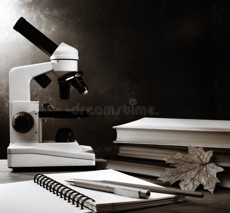 Microscope, Books and Maple Leaf Stock Image - Image of pencil ...