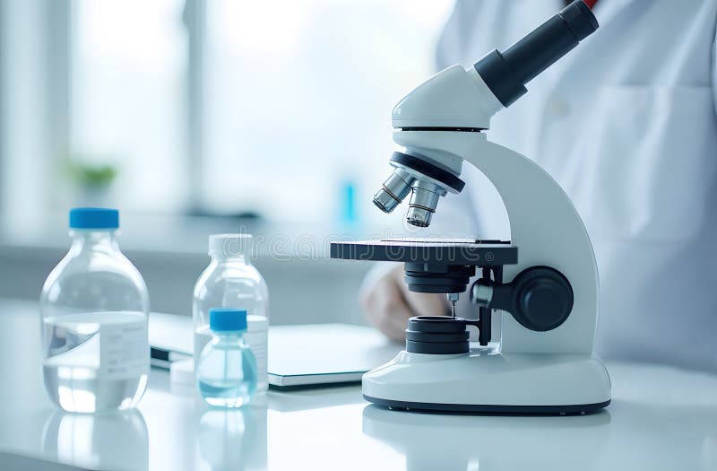 Microscope and Bottles in Laboratory Stock Illustration - Illustration ...