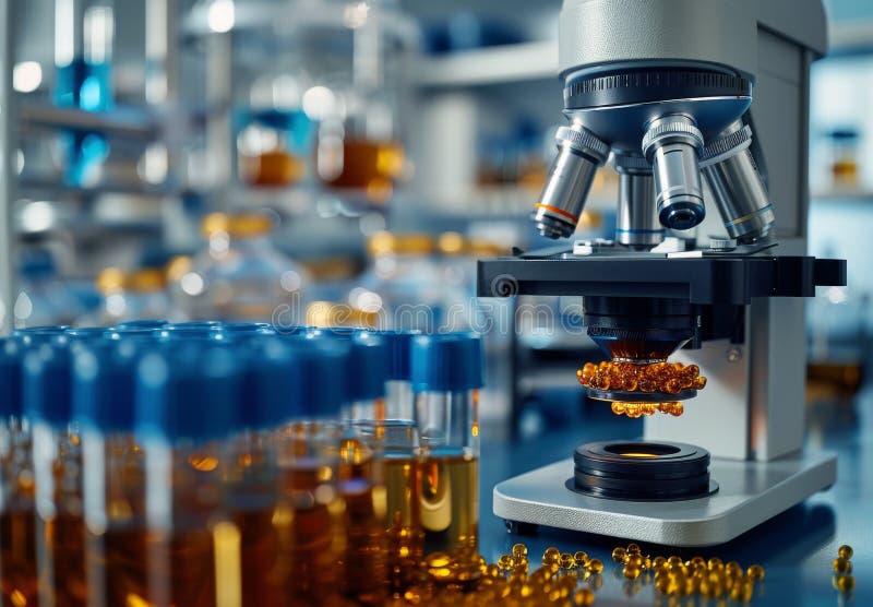Microscope and Bottles of Liquid on Table Stock Image - Image of ...