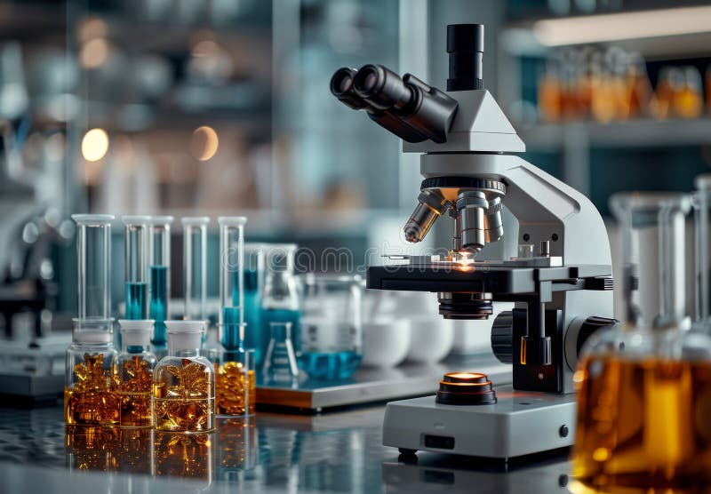 Microscope and Bottles of Liquid on Table Stock Image - Image of ...