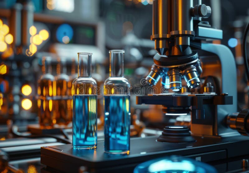 Microscope and Bottles of Liquid on Table Stock Photo - Image of table ...