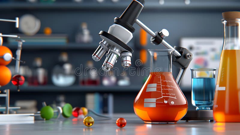 Microscope and Chemical Beakers on Lab Bench Stock Illustration ...