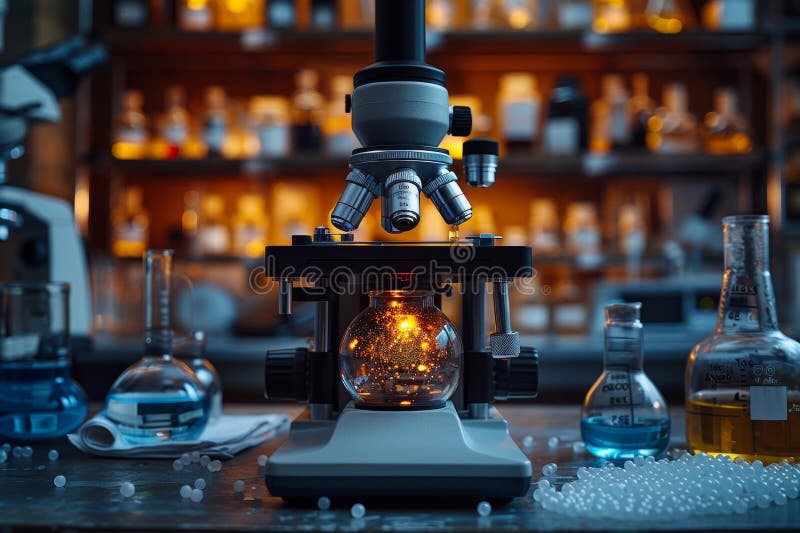 Microscope and Chemical Flasks on Table in Dark Laboratory for Organic ...