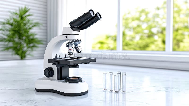 A Microscope and Clear Test Tubes with Liquid are Displayed on a ...