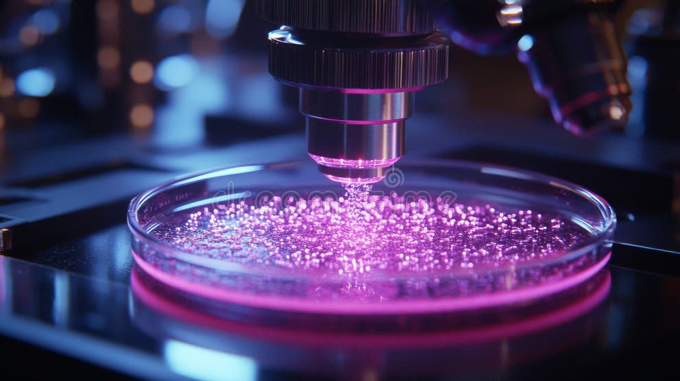 Microscope Close Up of Glowing Pink Fluid Sample Stock Illustration ...