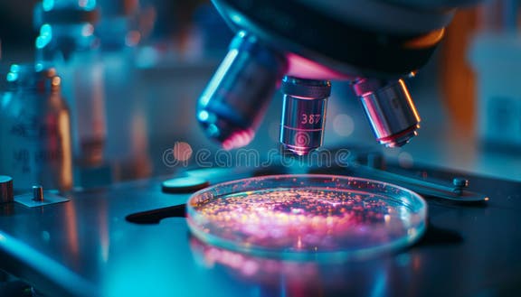 Microscope Close Up on Glowing Samples in Laboratory for Scientific ...