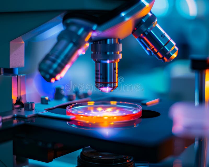 Microscope Close Up Illuminated Samples in Petri Dish for Laboratory ...