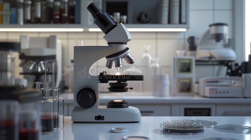 Microscope Close Up in Laboratory with Petri Dishes and Scientific ...