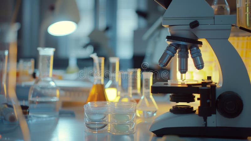 Microscope Close Up in Laboratory Setting with Petri Dishes and ...