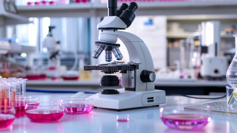 Microscope Close Up in Laboratory Setting with Petri Dishes and ...