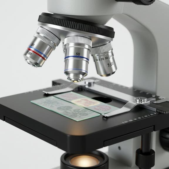 Microscope Close-up Showing Three Objective Lenses, Marked with ...