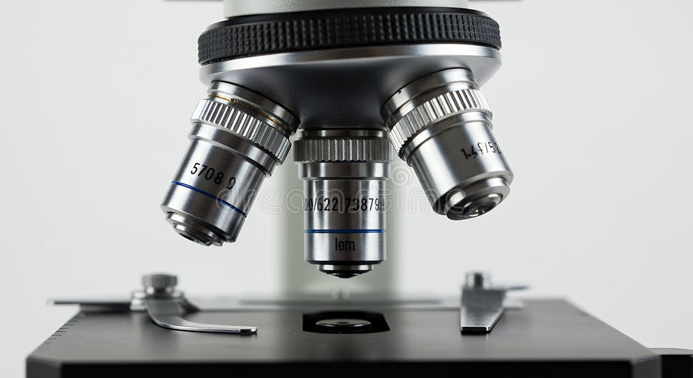 Microscope Close-up Showing Three Objectives for Scientific Research ...