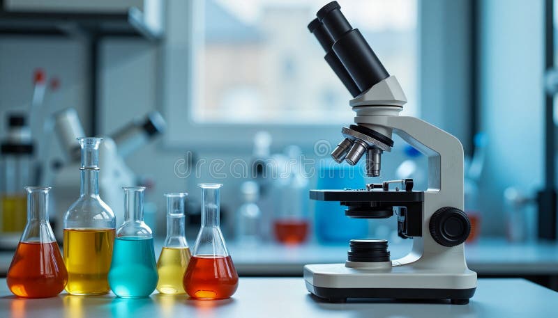 Microscope with Colorful Flasks on a Laboratory Table Showcasing ...