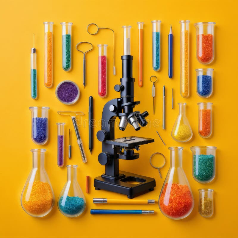 Microscope and Colorful Lab Equipment on Yellow Background Stock Image ...