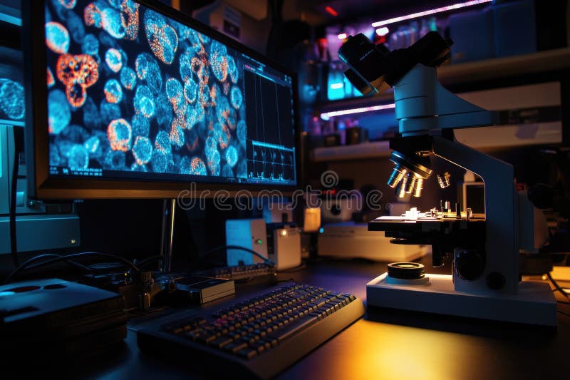 Microscope and Computer Desk Stock Image - Image of laboratory ...