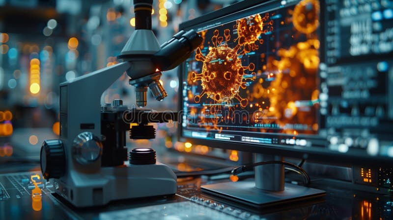 A Traditional Microscope and Computer Monitor Display a Digital Model ...