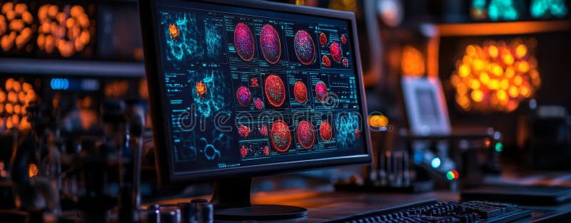Microscope and a Computer Screen Showing Molecular Structure in a ...