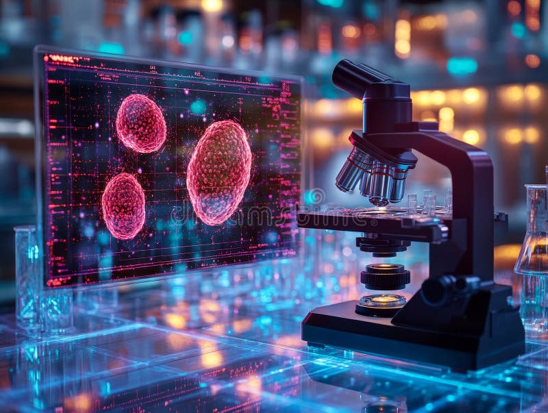 Microscope Displaying Real Time Holographic Cell Images in Lab Stock ...