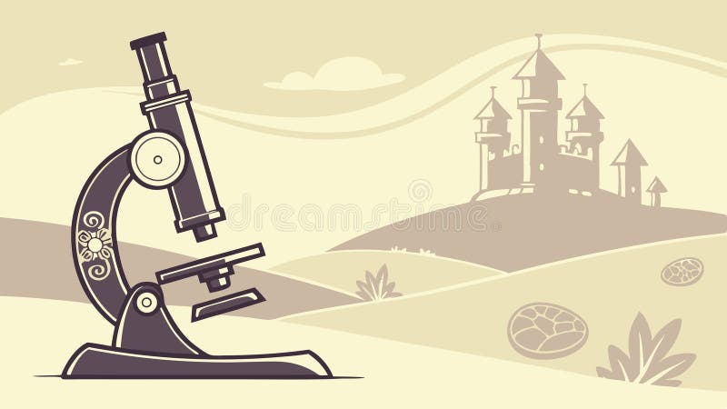 Microscope with Distant Castle in Mystical Landscape, Vector Design ...