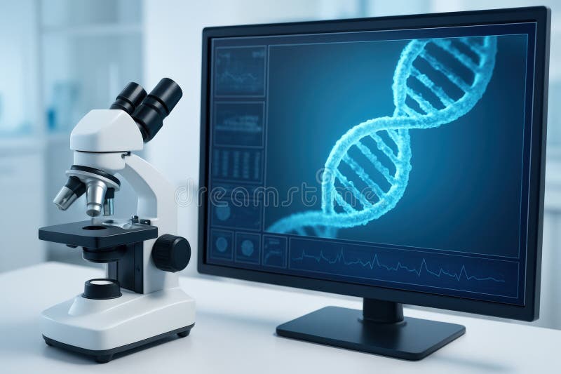 Microscope and DNA on Screen in Laboratory Stock Image - Image of ...