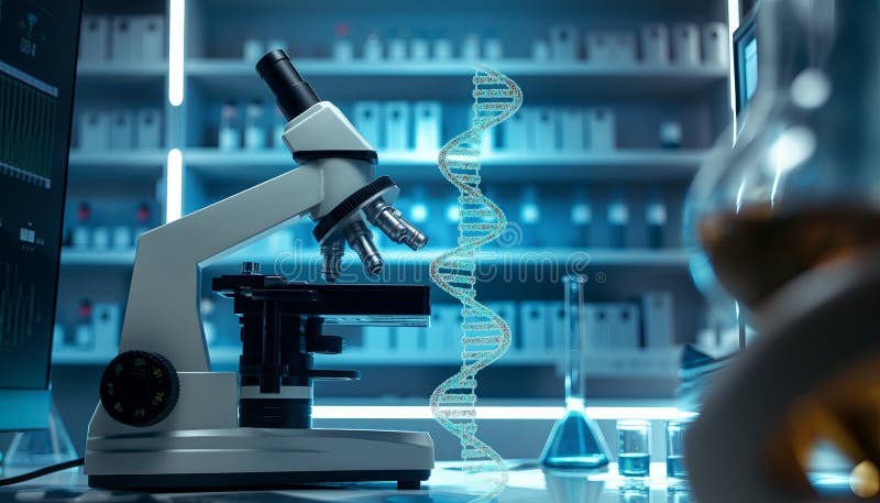 Microscope with DNA Strand in Modern Laboratory Stock Photo - Image of ...