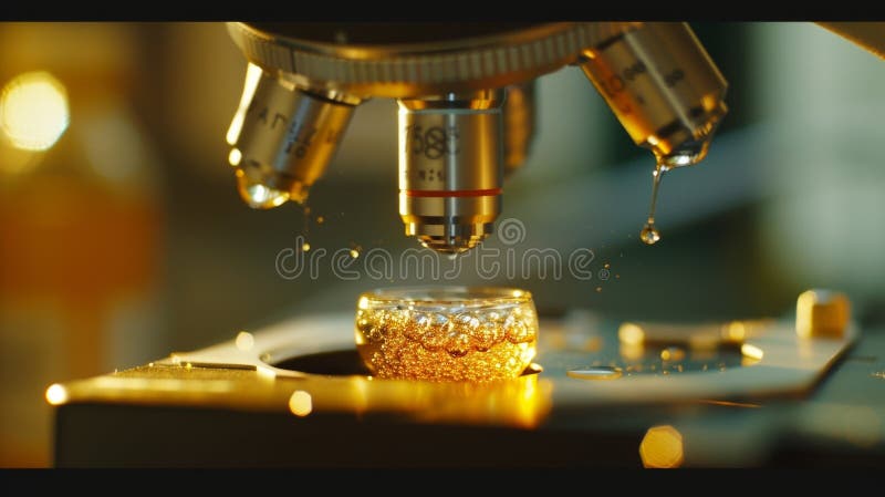 Microscope Dripping Golden Liquid into Beaker with Bubbles in ...