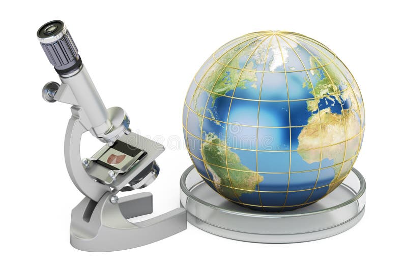 Microscope with Earth Globe, Global Research and Discovery Concept. 3D ...