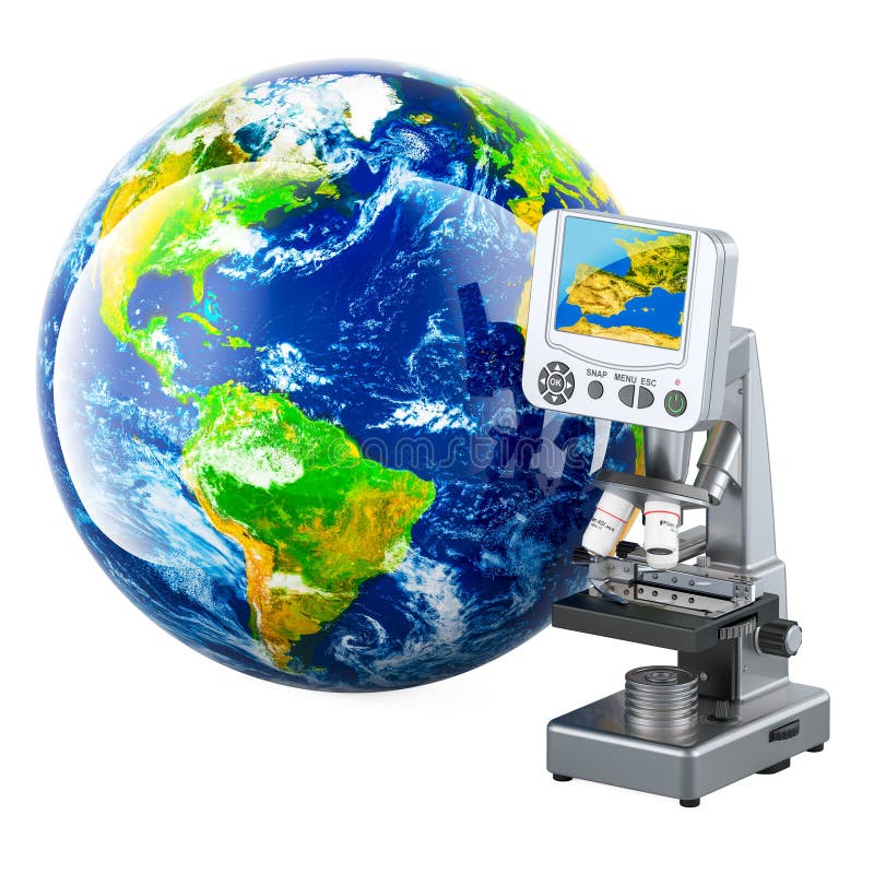Microscope with Earth Globe. Global Research and Discovery, Concept ...