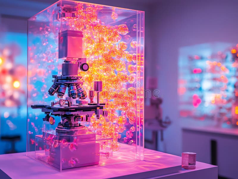 A Microscope Encased in a Glass Box with Colorful Lighting and an ...
