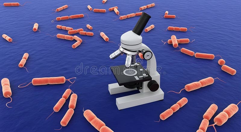 Microscope Examining Bacteria Cells on Blue Surface Stock Illustration ...