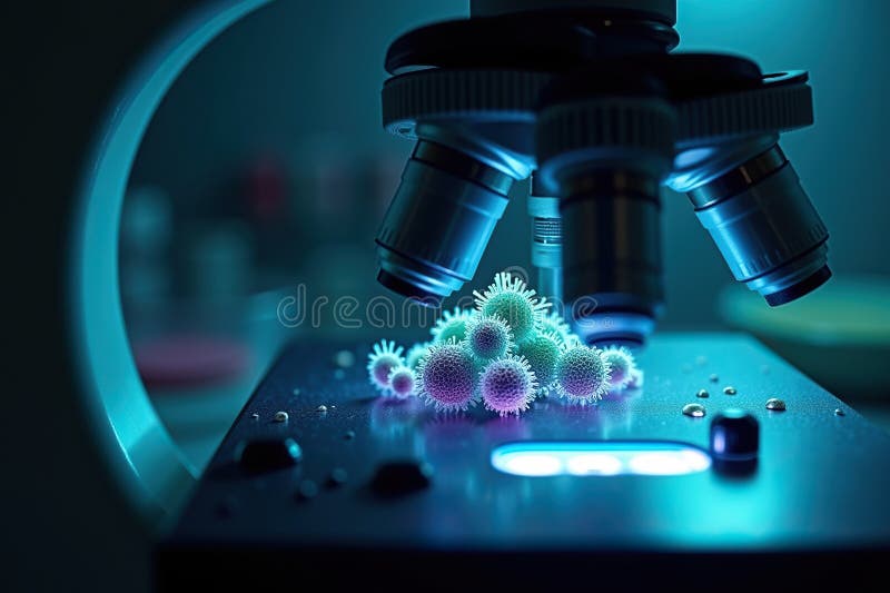 Microscope Examining Microscopic Organisms Under Blue Light Stock ...