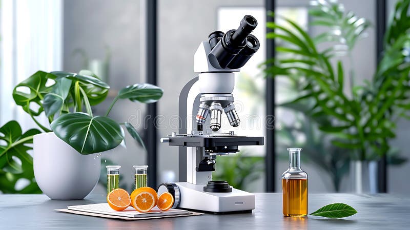 Microscope Examining Orange Extract in Laboratory Stock Illustration ...