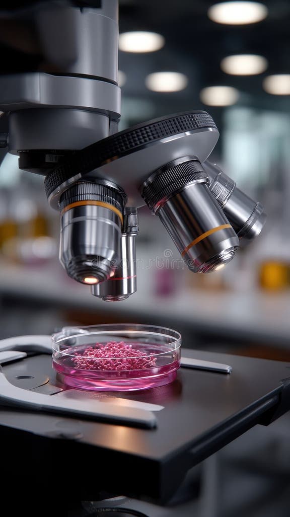 Microscope Examining a Petri Dish with Bright Pink Sample in Laboratory ...