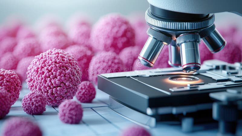 Microscope Examining Pink Bacteria on a Laboratory Surface Stock ...
