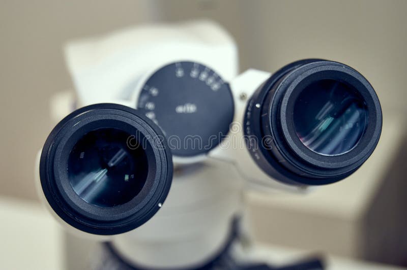 Microscope Eyepiece. Close Up of Microscope Ocular in Laboratory Stock ...