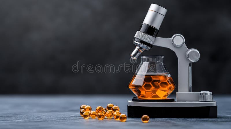 Microscope and Flask with Orange Liquid on a Dark Background Perfect ...