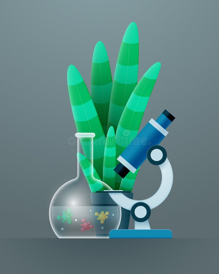 Microscope, Flask with Viruses and a Plant. Scientific and Chemical ...