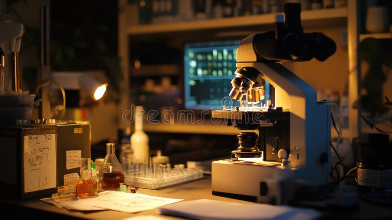 A Microscope in Focus with Various Scientific Samples and Stock Photo ...