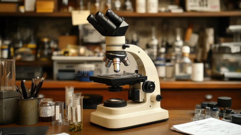 A Microscope in Focus with Various Scientific Samples and Stock Photo ...