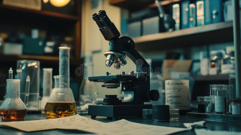 A Microscope in Focus with Various Scientific Samples and Stock Photo ...