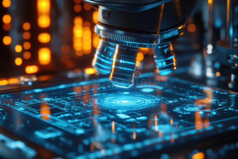 A Microscope is Focused on a Glowing Blue Object on a Computer Screen ...