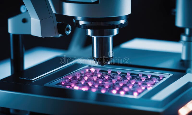 A Microscope is Focused on a Grid of Small, Glowing Pink Samples Stock ...