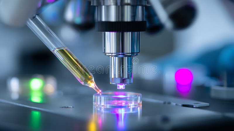 Microscope Examining Sample with Liquid Drop in Laboratory Setting at Night Stock Image - Image ...
