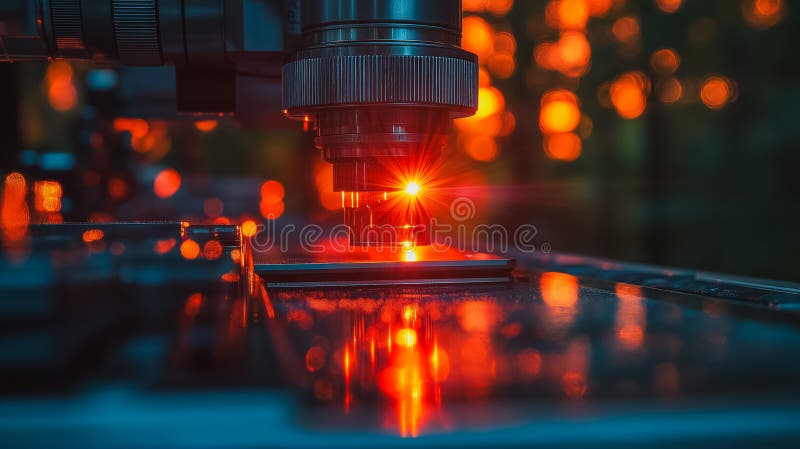 A Microscope is Focused on a Piece of Metal, with a Bright Red Light ...