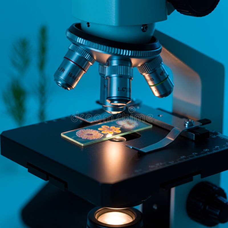 A Microscope is Focused on a Slide Featuring a Colorful, Floral-like ...
