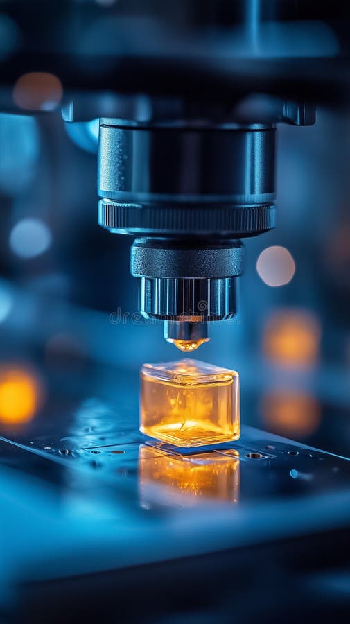 Microscope Focuses on Glowing Transparent Cube Under Blue Lighting ...