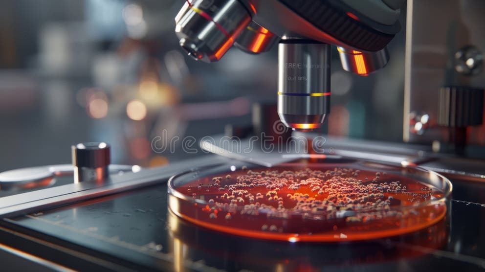 A Microscope Focuses on Samples in a Petri Dish Against a Lab Backdrop ...