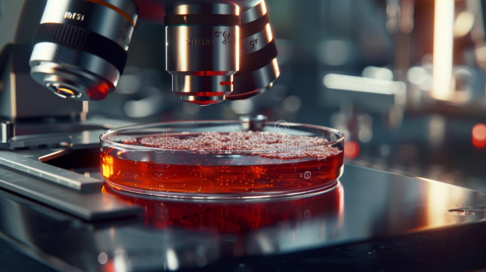 A Microscope Focuses on Samples in a Petri Dish Against a Lab Backdrop ...
