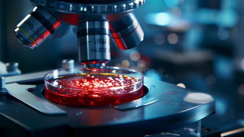 A Microscope Focuses on Samples in a Petri Dish Against a Lab Backdrop ...