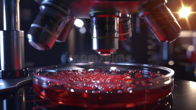 A Microscope Focuses on Samples in a Petri Dish Against a Lab Backdrop ...